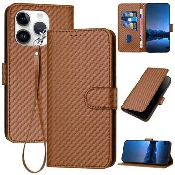IPHONE 15 PRO MAX PREMIUM WALLET CASE WITH STRAP - CARBON FIBER TEXTURE - CARBON COFFEE