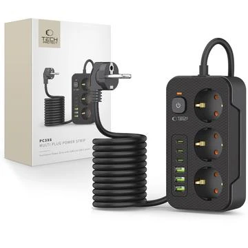 TECH-PROTECT PC3X6 POWER SOCKET - 3 USB-A & 3 USB-C PORTS WITH 3 POWER SOCKETS, 200CM - BLACK