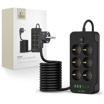 TECH-PROTECT PC6X6 POWER STRIP - 3 USB-A, 3 USB-C, 6 SOCKETS WITH 200CM CABLE - BLACK