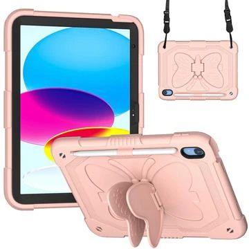 SHOCKPROOF CASE FOR IPAD 10.9 (2022) BUTTERFLY SHAPE KICKSTAND TABLET CASE SILICONE + PC PROTECTIVE COVER WITH SHOULDER STRAP - PINK