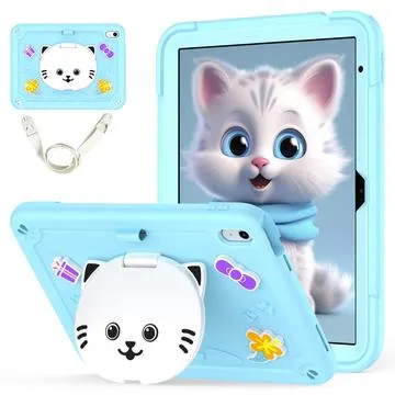 IPAD 2022/2025 CUTE CAT HYBRID CASE WITH KICKSTAND - LIGHT BLUE