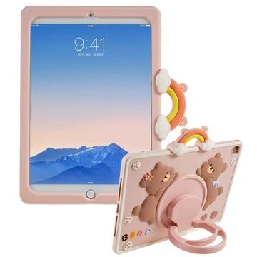 IPAD 9.7 2017/2018 CARTOON BEAR SILICONE CASE WITH KICKSTAND - PINK