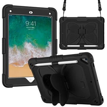 BUTTERFLY SHAPE KICKSTAND PC + SILICONE TABLET CASE COVER WITH SHOULDER STRAP FOR IPAD 9.7-INCH (2018)/(2017)/IPAD AIR 2 - BLACK