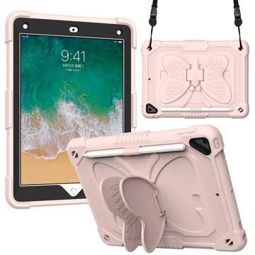 BUTTERFLY SHAPE KICKSTAND PC + SILICONE TABLET CASE COVER WITH SHOULDER STRAP FOR IPAD 9.7-INCH (2018)/(2017)/IPAD AIR 2 - PINK