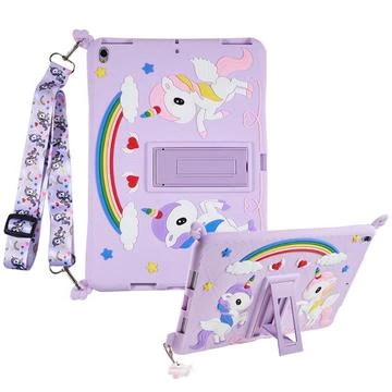 IPAD 10.2 2019/2020/2021 CUTE UNICORN CASE WITH KICKSTAND AND STRAP - PURPLE
