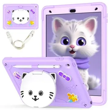 IPAD 10.2 2019/2020/2021 CUTE CAT HYBRID CASE WITH KICKSTAND - LIGHT PURPLE