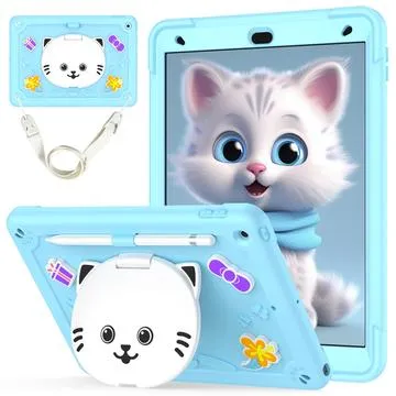 IPAD 10.2 2019/2020/2021 CUTE CAT HYBRID CASE WITH KICKSTAND - LIGHT BLUE