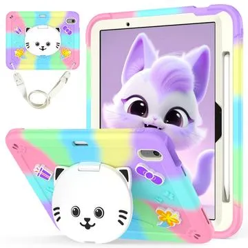 IPAD AIR 11 2024/2025/2026 CUTE CAT HYBRID CASE WITH KICKSTAND - PURPLE / COLORFUL