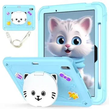 IPAD AIR 11 2024/2025/2026 CUTE CAT HYBRID CASE WITH KICKSTAND - LIGHT BLUE