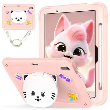 IPAD AIR 11 2024/2025/2026 CUTE CAT HYBRID CASE WITH KICKSTAND - PINK