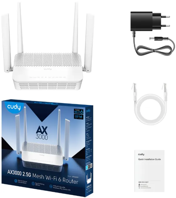 Cudy WR3000P AX3000 2.5G Mesh Wi-Fi 6 PoE Router, 1.3 GHz Dual-Core CPU, 4-Stream Dual-Band Wi-Fi 6