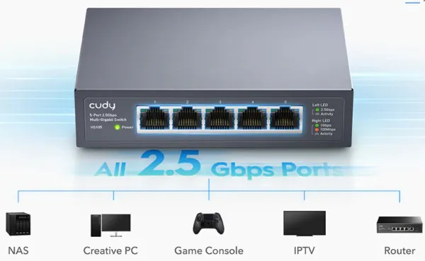 Cudy HS105 5-Port 2.5G Unmanaged Metal Switch za NAS zahteve koji zahtevaju intenzivnu propusnost