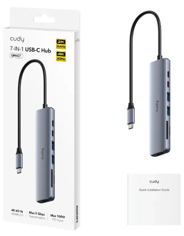 Cudy UH407 , 7-In-1 HDMI SD/TF 4K USB-C Hub, 60/144/240 Hz, 5Gps, 100W