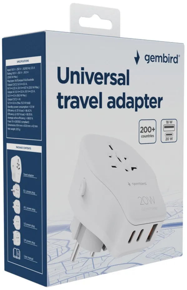 Travel adapter TPA-1A2C20-02-W Gembird Univerzalni 20W