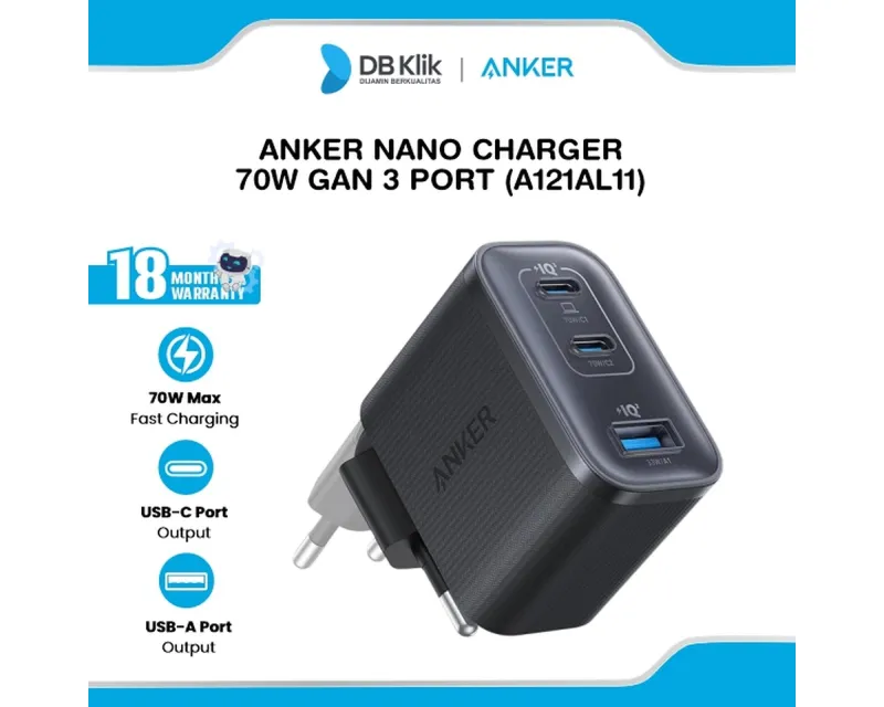 ANKER Prime 70W GaN zidni brzi punjač, 3-porta (2x USB-C i 1x USB-A) crni