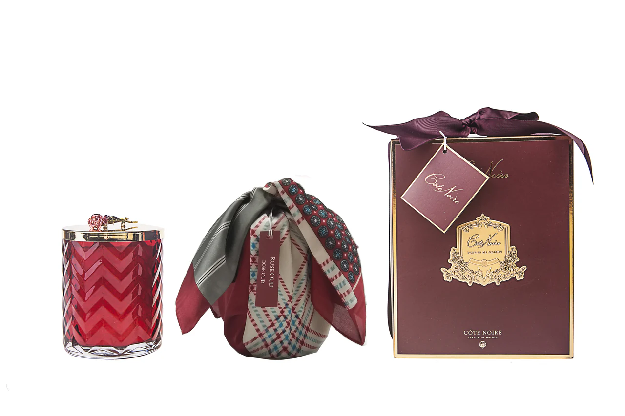 Cote Noire Herringbone Candle with Scarf Rose Oud Red Rose lid – Sveća