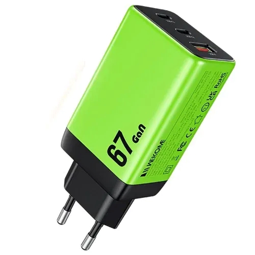 WP‑U157 GaN punjač 3‑porta (USB 3.0 + 2× USB‑C 3.1) 67 W, zeleni
