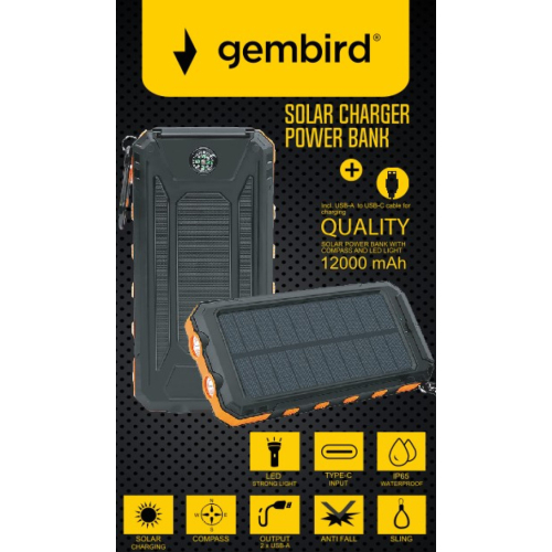 HRD-T13 GEMBIRD SOLAR POWER BANK 12000MAH 2XUSB, LED, KOMPAS