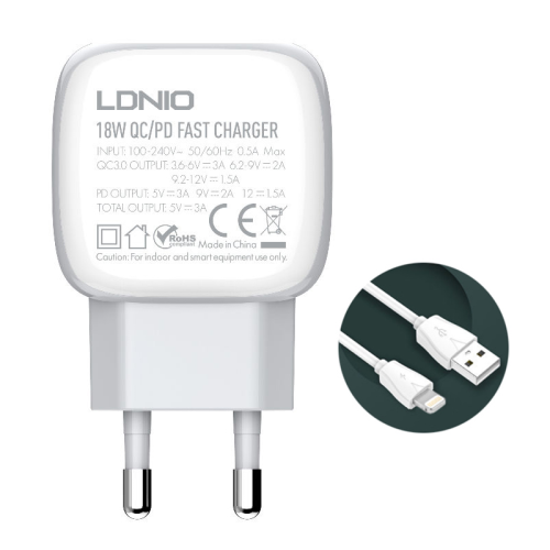 KUCNI PUNJAC LDNIO A2313C, PD QC3.0, 18W, SA IPHONE LIGHTNING KABLOM