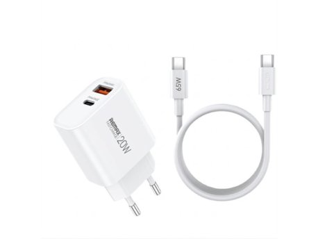 REMAX Set: Strujni punjač 1xUSB 3.0+1Xusb-C 20W + USB-C kabl RP-U120, beli