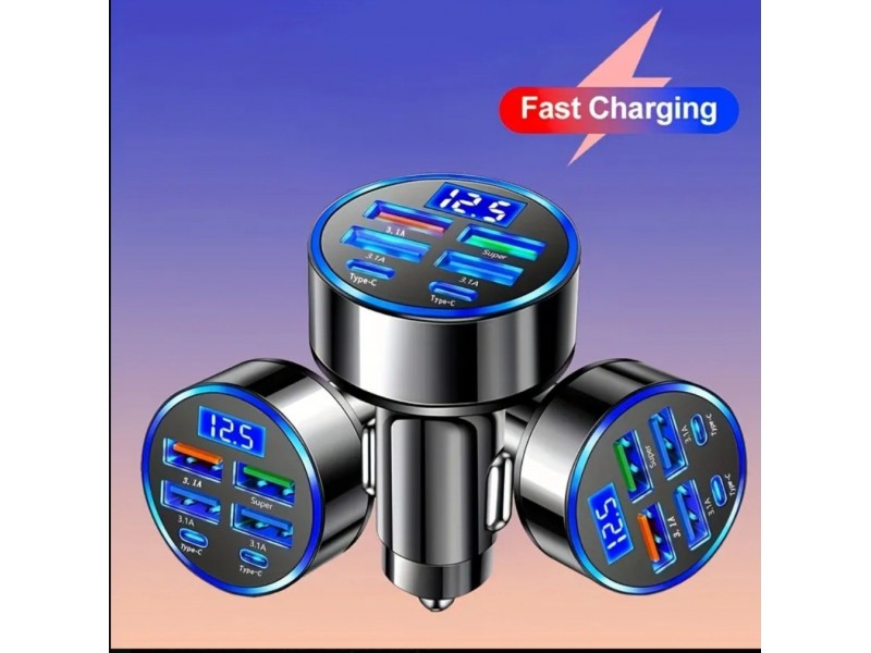BRZI Auto Punjač 6 PORTOVA - USB + Type-C - LED Displej
