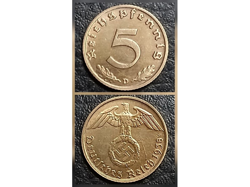 5 Reichspfennig – Nemačka 1938 D – original