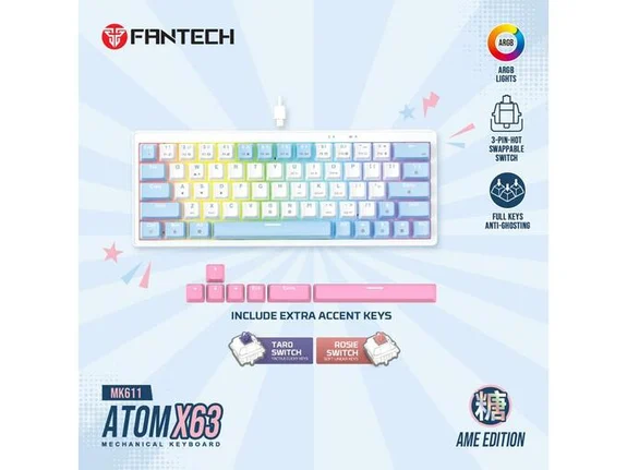 Tastatura mehanička Gaming Fantech MK611 Atom x63 AME bela (rosie switch)