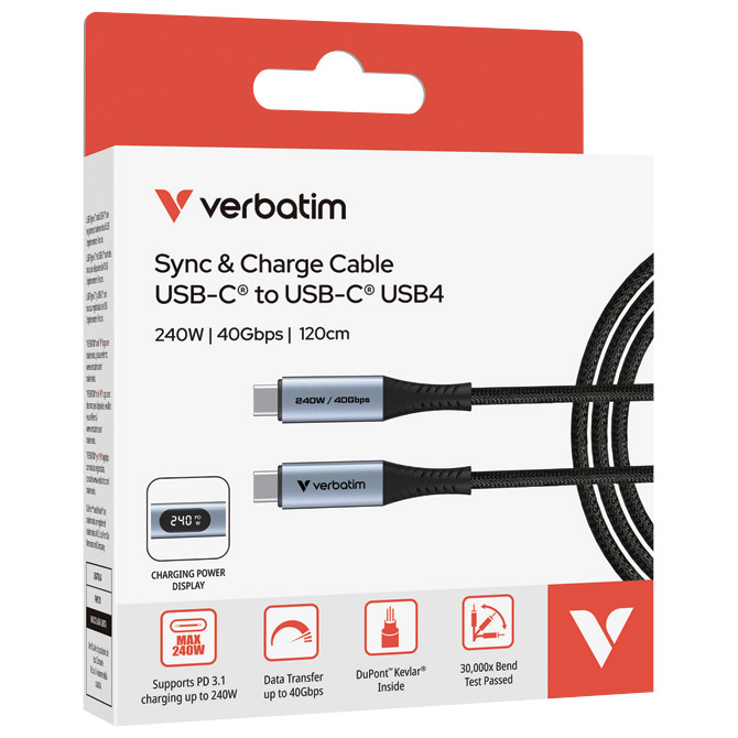 Kabal USB-C za sinhronizaciju i punjenje sa displejem 240W/40Gbps/120cm Sync & Charge Verbatim 31849 crni