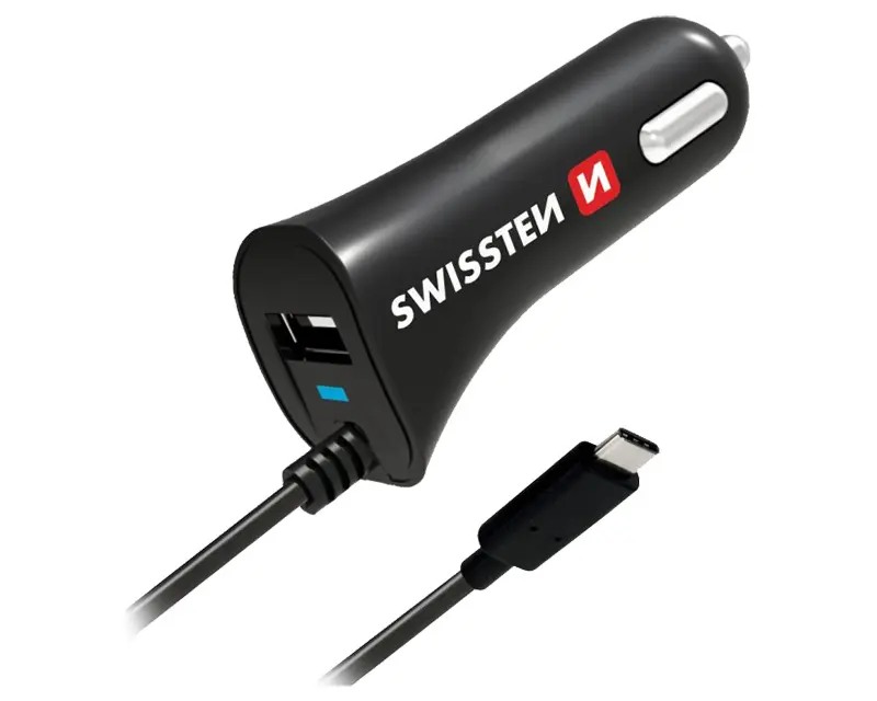 SWISSTEN Auto punjač TIP-C sa kablom + Ulaz za Usb 2.4A crni