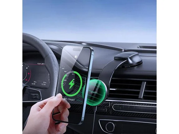 Auto držač za telefon magnetni sa bezicnim punjenjem za tablu 15W crni