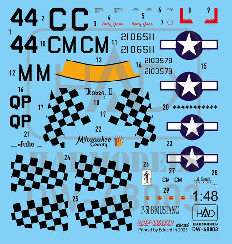 NEW! HAD Models 72003 North American P-51 B / C Mustang - Dry-Water Decals Set