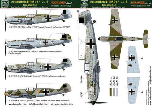 NEW! HAD Models 48015 Messerschmitt Bf-109 E-1 / E-3 and E-4 - Dry-Water Decals (Printed by Eduard)