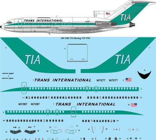26 Decals 441382 Boeing 727-171C - TIA Trans International Laser Decal (for CRM Kits)