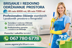 Brisanje i redovno održavanje prostora za 4h rada 6000 rsd,