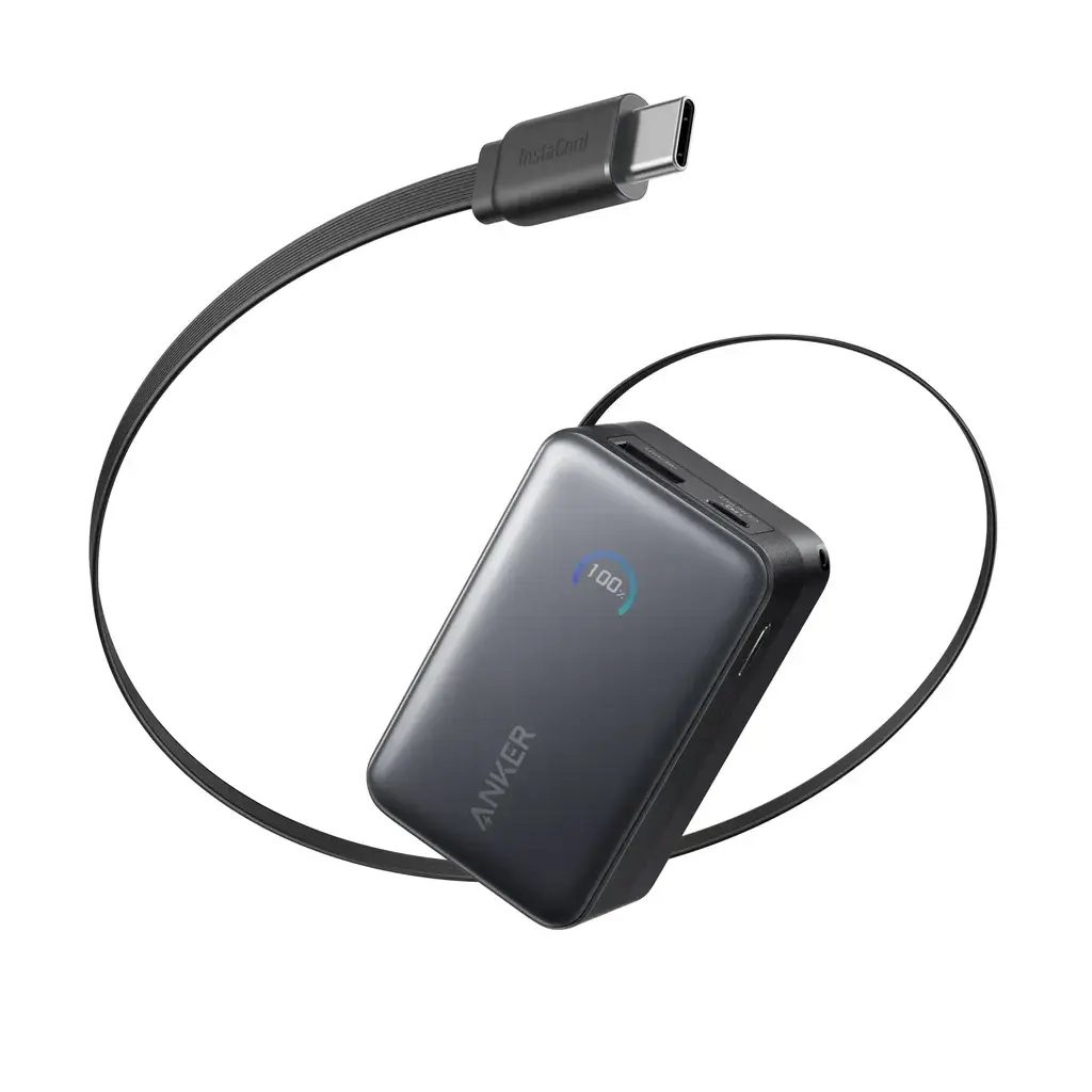 Anker Power Bank Nano, 10K, 45W, ugrađeni uvlačivi USB-C kabl, crna