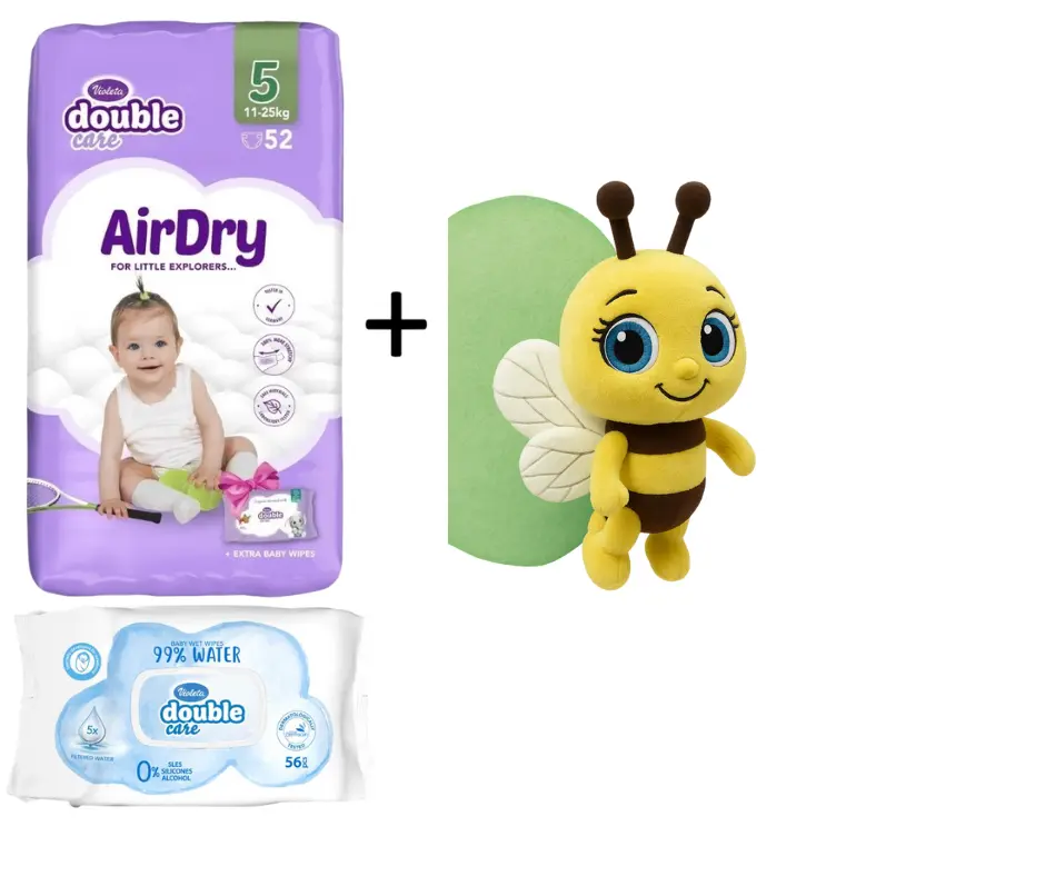 Violeta DC Pelene Air Dry 5, 11-25 kg, 52/1, Violeta Vlažne maramice Water Care, 56/1 + Plišana igračka pčelica gratis