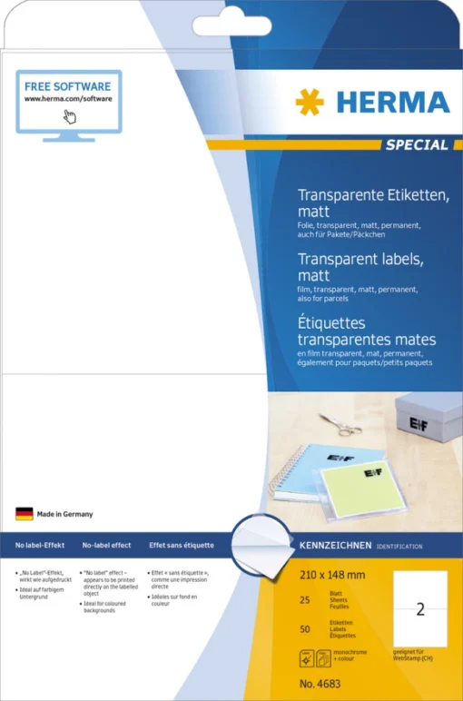 Etikete 210×148 A4/2 1/25 transparent Herma