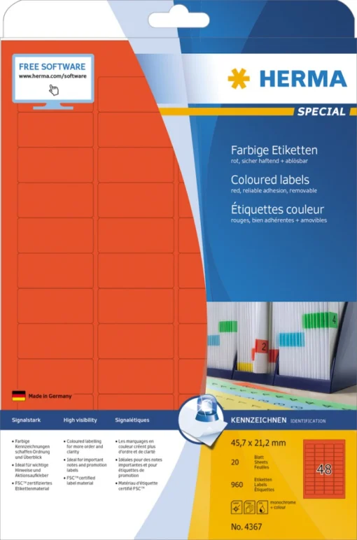 Etikete 45,7X21,2 zaobljene ivice A4/48 1/20 crvena Herma