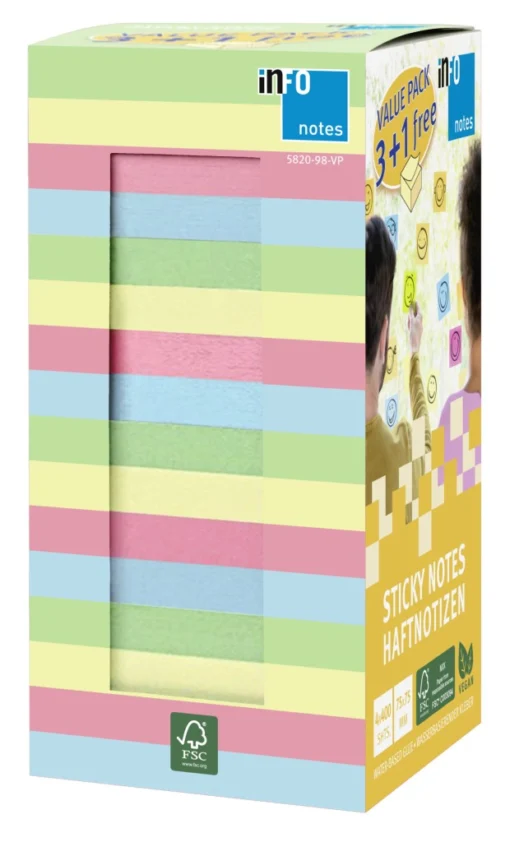 Samolepljivi color mix pack 75×75, KOCKA 400 listova, 3+1 gratis Info Notes