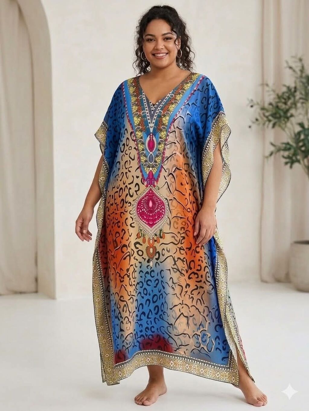 Boho kaftan haljina – maxi dužina, V-izrez, široki rukavi - Dizajn