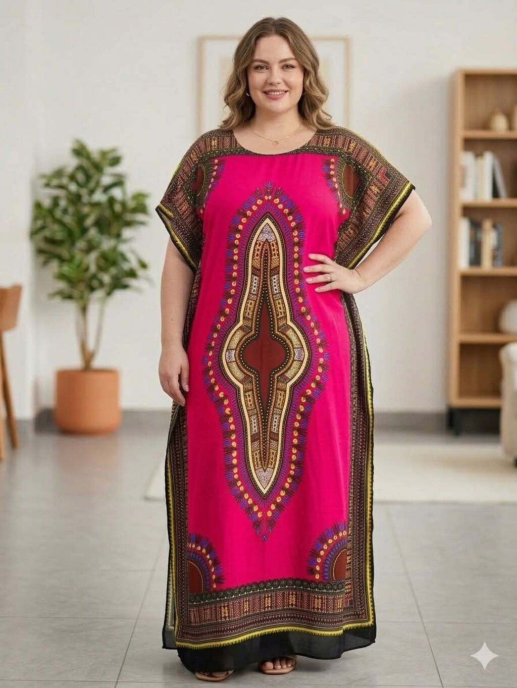 Kaftan haljina sa etno printom – plus size - Dizajn: duga, ravna