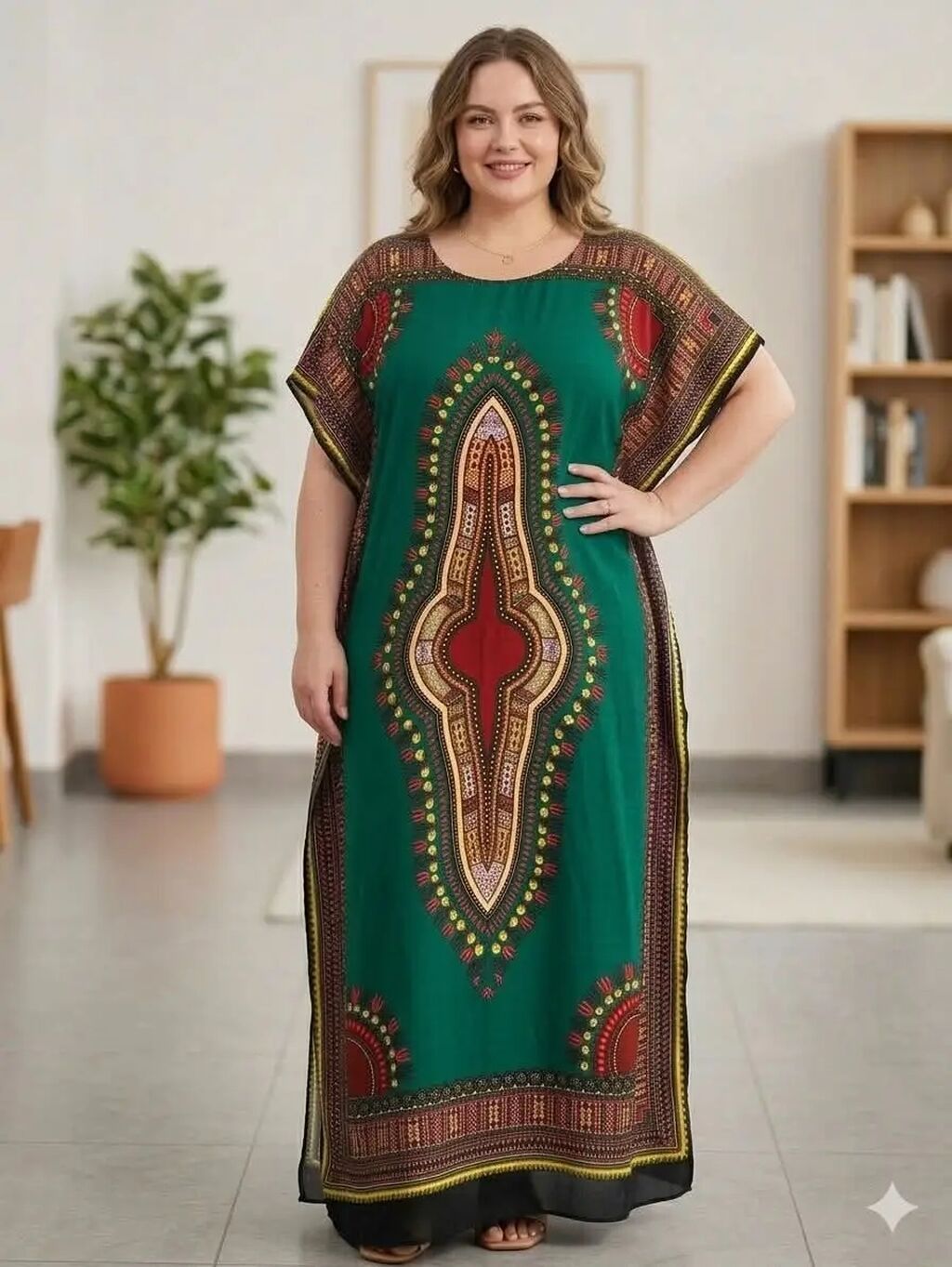 Ženska duga kaftan haljina sa etno/boho printom - Kroj: širok