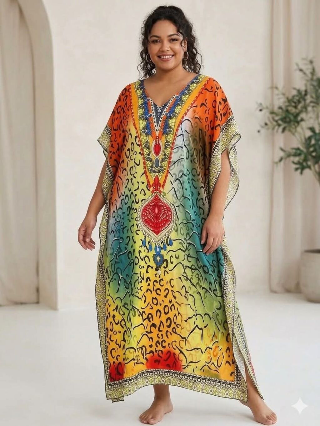 Duga kaftan haljina sa etno/boho printom – plus size L XL 2XL 3CL 4XL