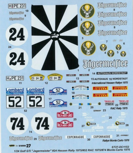 Studio 27 DC1153 VW Golf GTI - Jagermeister Hessen Rally 1975 / RAC 1975 and Monte Carlo 1976 Decals Set (for Revell Kits)