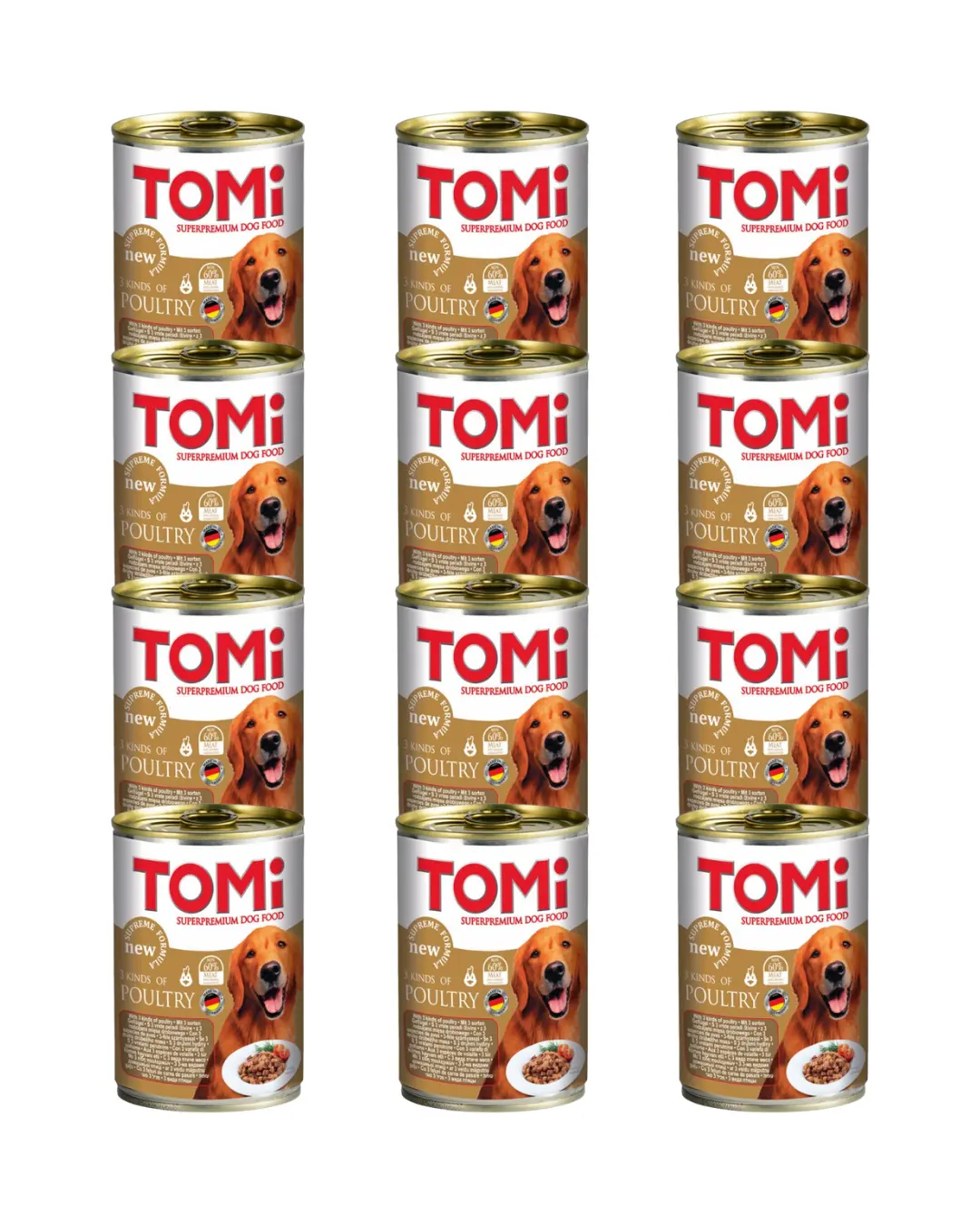 TOMI Vlažna hrana za pse u konzervi, 3 vrste živine, 1200g, 12kom