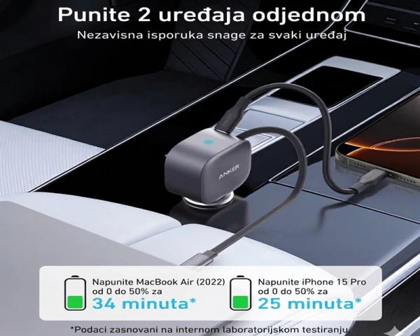 ANKER Nano 75W, sa ugrađenim USB-C kablom na izvlačenje i USB-C portom, auto punjač