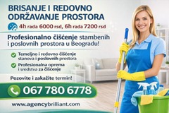Brisanje i redovno održavanje prostora za 4h rada 6000 rsd, za 6h rada 7200 rsd
