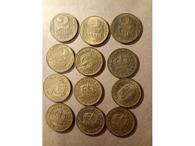 Lot 12 kovanica - 2 dinara 1938. Kraljevina Jugoslavija