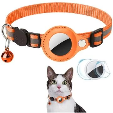 REFLECTIVE PET COLLAR WITH AIRTAG 1/2 HOLDER AND BELL - CATS AND SMALL DOGS - ORANGE