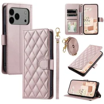 IPHONE 17 PRO MAX LUXURY QUILTED WALLET CASE - ROSE GOLD